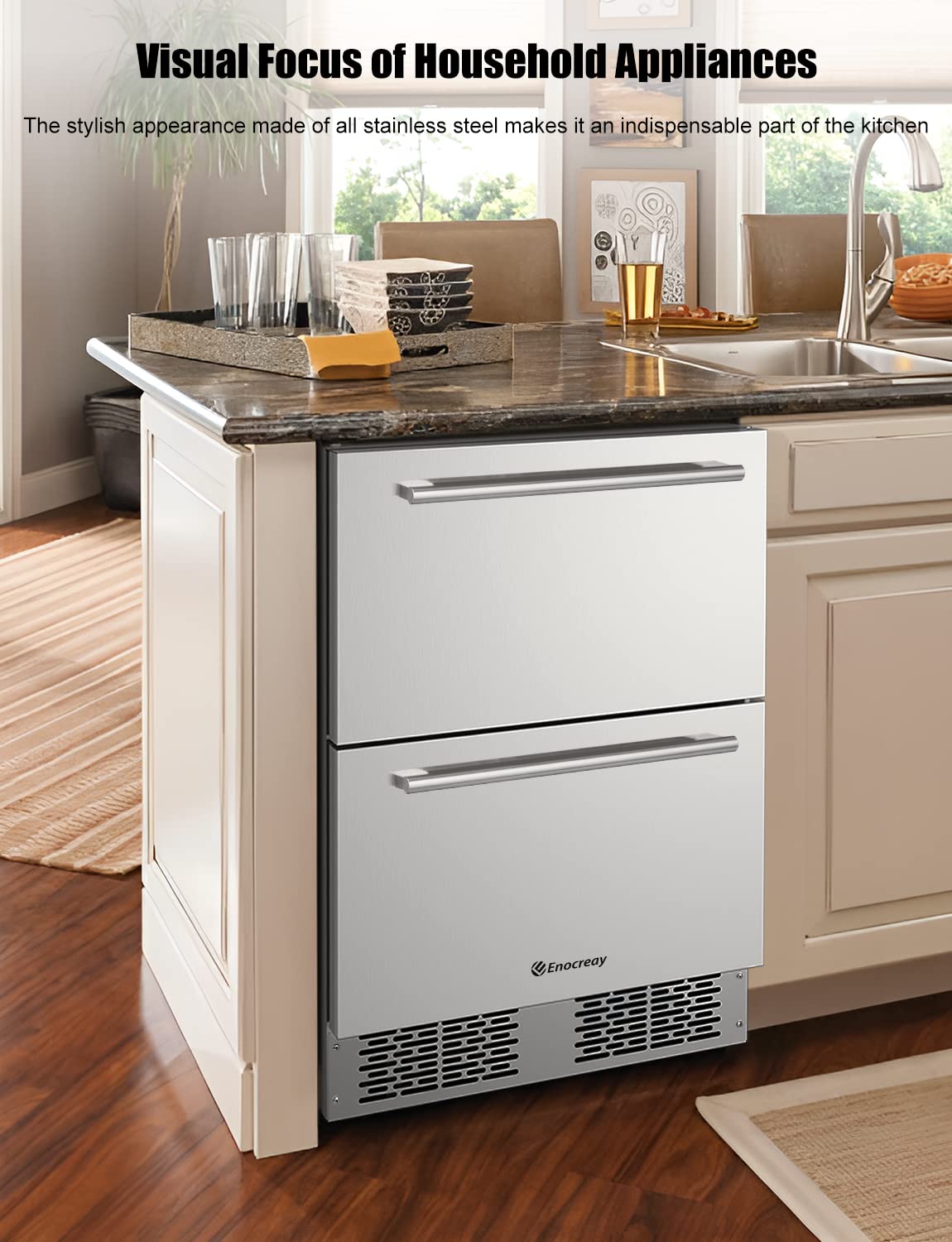 Enocreay Outdoor Drawer Refrigerator, Built-In Under Counter Drawer Fridge Beverage Cooler with Stainless Steel Door, 185 Cans Capacity with Drink Dispenser for Island Kitchen Home Bar
