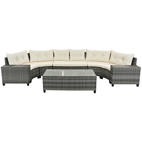 GODAFA 8-Piece Outdoor Wicker Round Patio Furniture Set-Half-Moon Sectional Sofa with Rectangular Coffee Table-Water-Resistant PE Rattan-Movable Cushions, Beige