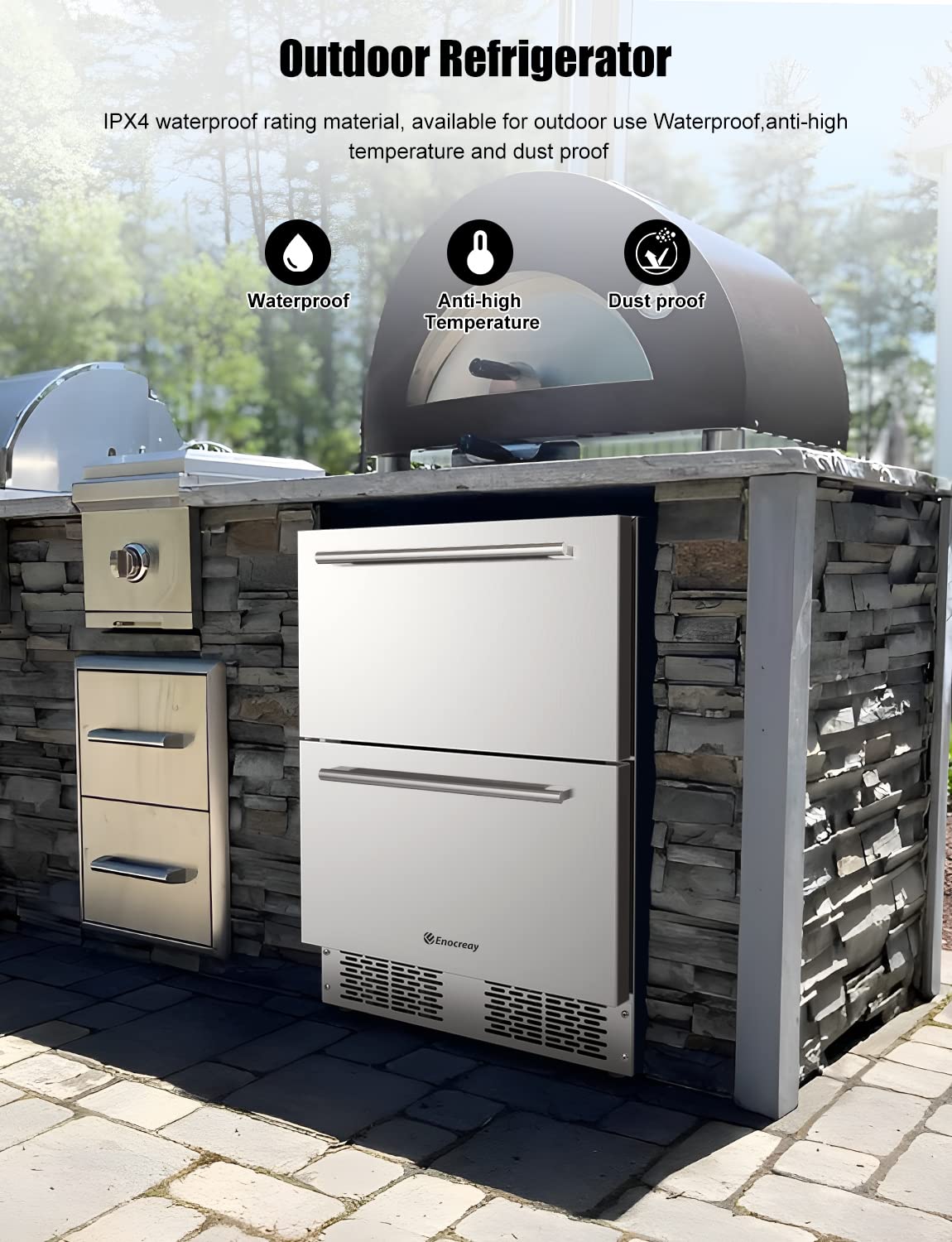 Enocreay Outdoor Drawer Refrigerator, Built-In Under Counter Drawer Fridge Beverage Cooler with Stainless Steel Door, 185 Cans Capacity with Drink Dispenser for Island Kitchen Home Bar