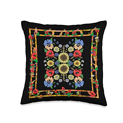 Alice Ron Vintage Ukrainian Sunflower Shirts Sunflower Red Poppy Flower Floral Ukrainian Vyshyvanka Style Throw Pillow, 16x16, Multicolor