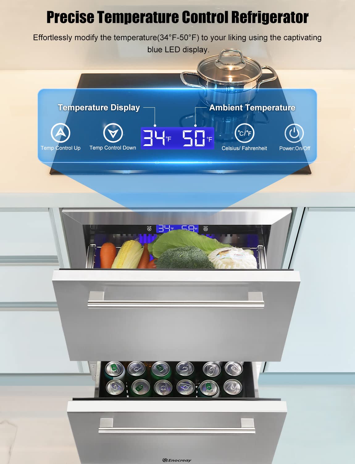 Enocreay Outdoor Drawer Refrigerator, Built-In Under Counter Drawer Fridge Beverage Cooler with Stainless Steel Door, 185 Cans Capacity with Drink Dispenser for Island Kitchen Home Bar