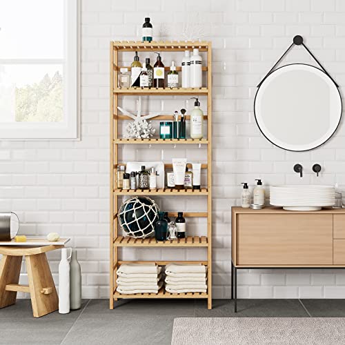 Bamjoy Bamboo Shelf, 6 Tier Bookcase Storage Shelves, Tall Book Rack Shelving Unit, Multipurpose Storage Display Shelf Adjustable Shelves Plant Stand for Home Office Bathroom Kitchen Living Room, 64"H