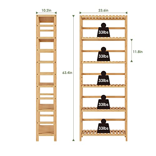Bamjoy Bamboo Shelf, 6 Tier Bookcase Storage Shelves, Tall Book Rack Shelving Unit, Multipurpose Storage Display Shelf Adjustable Shelves Plant Stand for Home Office Bathroom Kitchen Living Room, 64"H