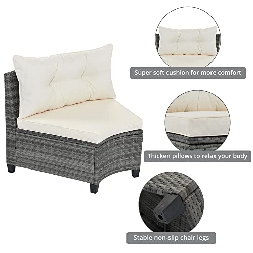 GODAFA 8-Piece Outdoor Wicker Round Patio Furniture Set-Half-Moon Sectional Sofa with Rectangular Coffee Table-Water-Resistant PE Rattan-Movable Cushions, Beige