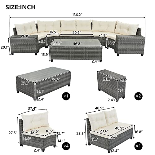 GODAFA 8-Piece Outdoor Wicker Round Patio Furniture Set-Half-Moon Sectional Sofa with Rectangular Coffee Table-Water-Resistant PE Rattan-Movable Cushions, Beige