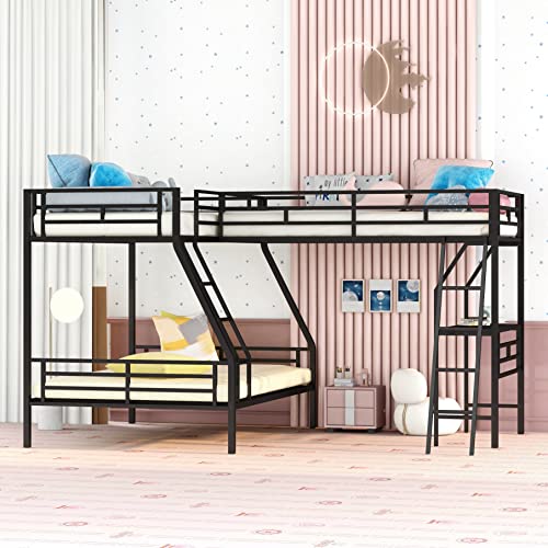 MERITLINE Metal L-Shaped Bunk Bed, Twin Over Full Bunk Bed with a Twin Loft Bed Attached,Triple Bunk Bed with Desk,3 Bed Bunk Beds with Guardrails and Ladder for Kids Teens Adults, Black