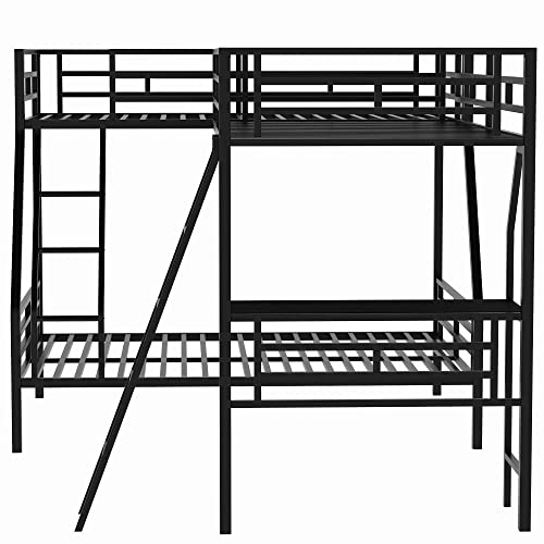 MERITLINE Metal L-Shaped Bunk Bed, Twin Over Full Bunk Bed with a Twin Loft Bed Attached,Triple Bunk Bed with Desk,3 Bed Bunk Beds with Guardrails and Ladder for Kids Teens Adults, Black