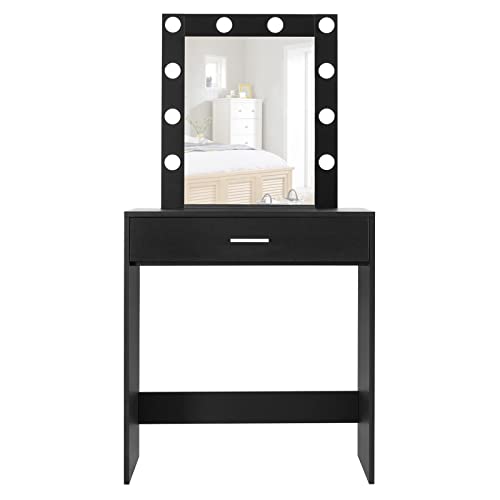 Reettic Makeup Vanity Table with Lighted Mirror, Vanity Desk with Drawers, Bedroom Dressing Table,9 LED Blubs & Adjustable Brightness, for Women, Mother, Girls, Black RSZT102B