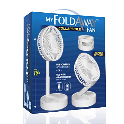 My Foldaway Fan Mini Desktop Fan | Ultra-Portable Lightweight Compact Tabletop Fan | Extends up to 12” | 2 Speed Modes | Uses AA Batteries or USB Power Wire | Desk Fan, Nightstand Use | Whisper Quiet