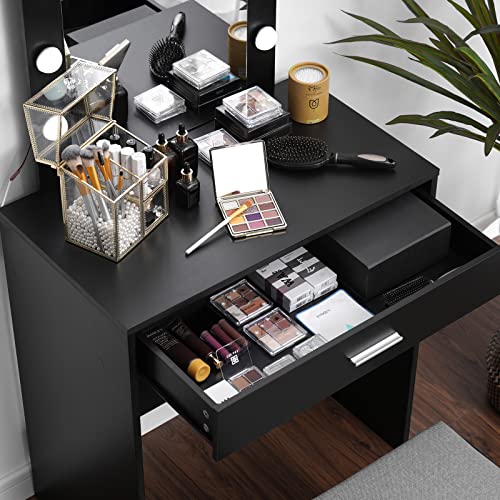 Reettic Makeup Vanity Table with Lighted Mirror, Vanity Desk with Drawers, Bedroom Dressing Table,9 LED Blubs & Adjustable Brightness, for Women, Mother, Girls, Black RSZT102B