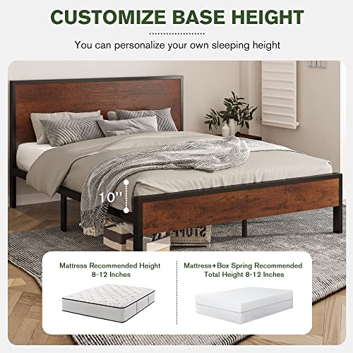 IMUsee Full Size Bed Frame with Wood Headboard and Footboard Platform, Heavy Duty Metal Frame with 12" Under Bed Storage, No Box Spring Needed, Noise Free, Brown