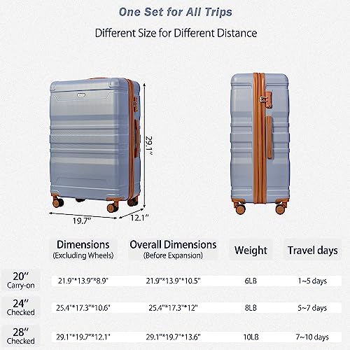 Merax Luggage Sets 3 Piece Suitcase, Hardside Suit case with Spinner Wheels Lightweight TSA Lock, Blue/Brown, 20/24/28 Inch