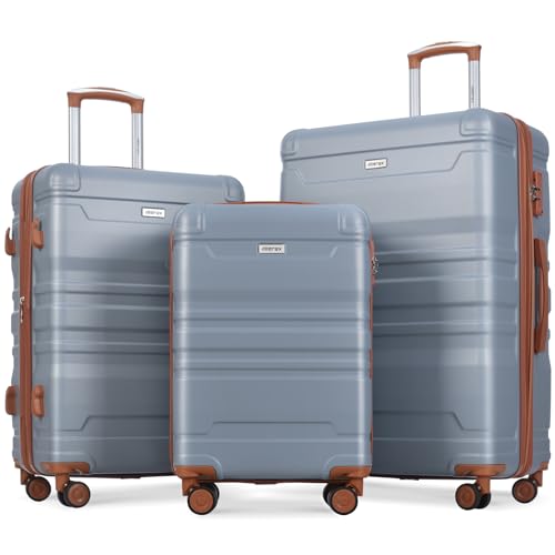 Merax Luggage Sets 3 Piece Suitcase, Hardside Suit case with Spinner Wheels Lightweight TSA Lock, Blue/Brown, 20/24/28 Inch