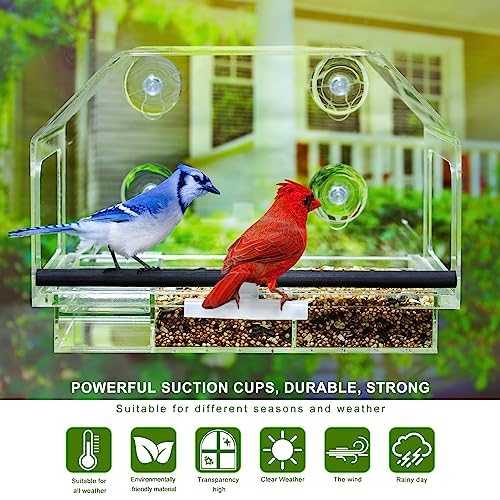 EHONBFLC Window Bird Feeders with Strong Suction Cups, Drain Holes, Clear Bird Feeder for Outside,Balcony Glass Mount, Acrylic Bird Feeders, Large Bird House with 3 Compartment Removable Tray
