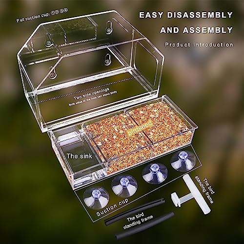 EHONBFLC Window Bird Feeders with Strong Suction Cups, Drain Holes, Clear Bird Feeder for Outside,Balcony Glass Mount, Acrylic Bird Feeders, Large Bird House with 3 Compartment Removable Tray
