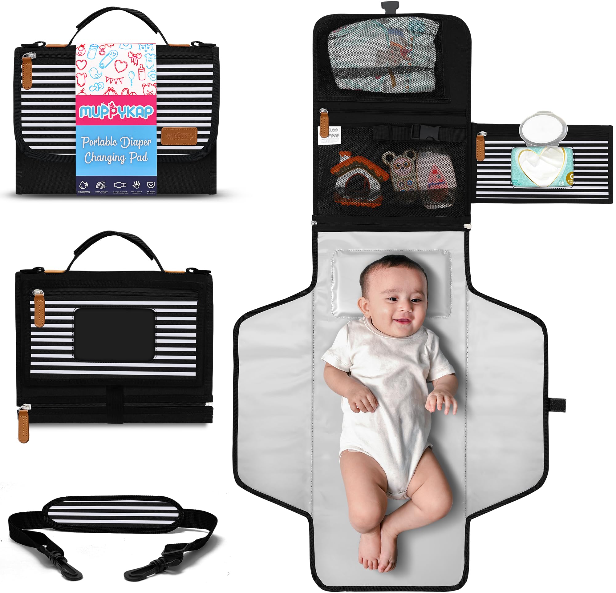 Portable Changing Pad with Shoulder Strap - Detachable Travel Changing Pad - Baby Shower Gifts - Fully Padded & Lightweight - Baby Boy Gifts - Diaper Changing Pad - Changing Mat 27"x22" - Black