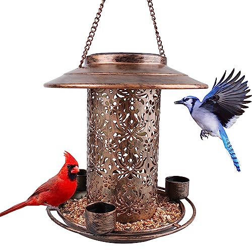 EHONBFLC Outdoor Hanging Solar Bird Feeder - Premium Metal Bird Feeder with Water Cup with S-Hook, gnaw-Proof, Weather and Water Resistant Wild Bird Feeder, a Gift for Bird Lovers. (Green)