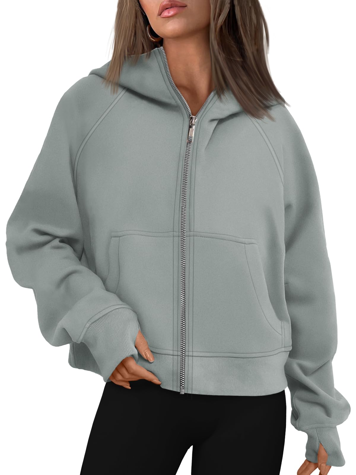 AUTOMET Womens Zip Up Hoodies Fleece Jackets Oversized Sweatshirts Fall Fashion Outfits 2025 Sweaters Winter Clothes GreyGreen L