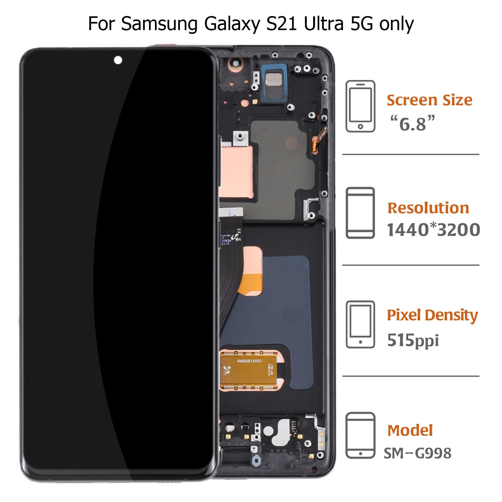 Original for Samsung Galaxy S21 Ultra 5G G998 Screen Replacement SM-G998U SM-G998B LCD Display Touch Screen Digitizer Full Assembly Repair Kits,with Tools(Black with Frame)