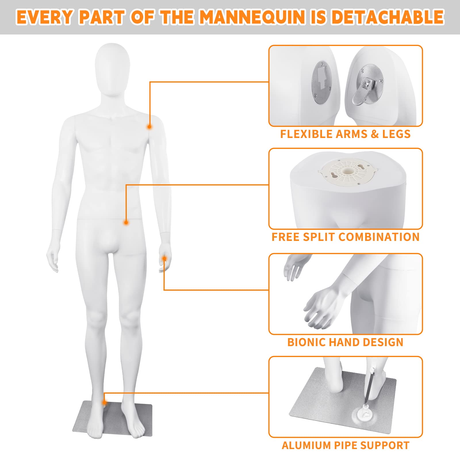 Male Mannequin Full Body Maniquine Model Stand Adjustable 73 inch Faceless Plastic Detachable Manequins Stand Metal Base Metal Connector, White Matte