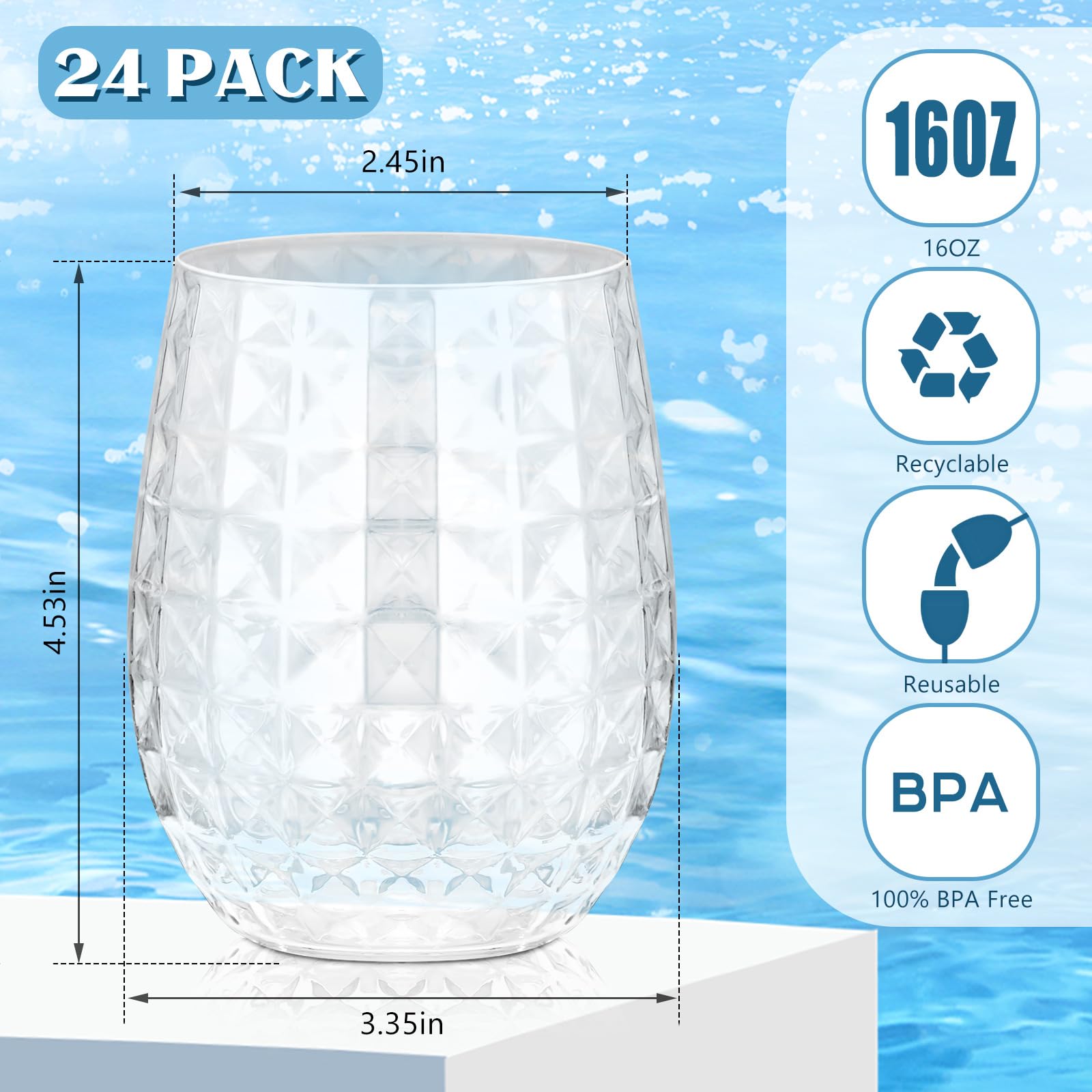 Ctosree 24 Pcs Plastic Wine Glasses 16 oz Plastic Cocktail Glasses Hawaiian Tiki Pineapple Cups Clear Stemless Reusable Whiskey Champagne Cups Shatterproof Unbreakable Mugs for Summer Party Wedding