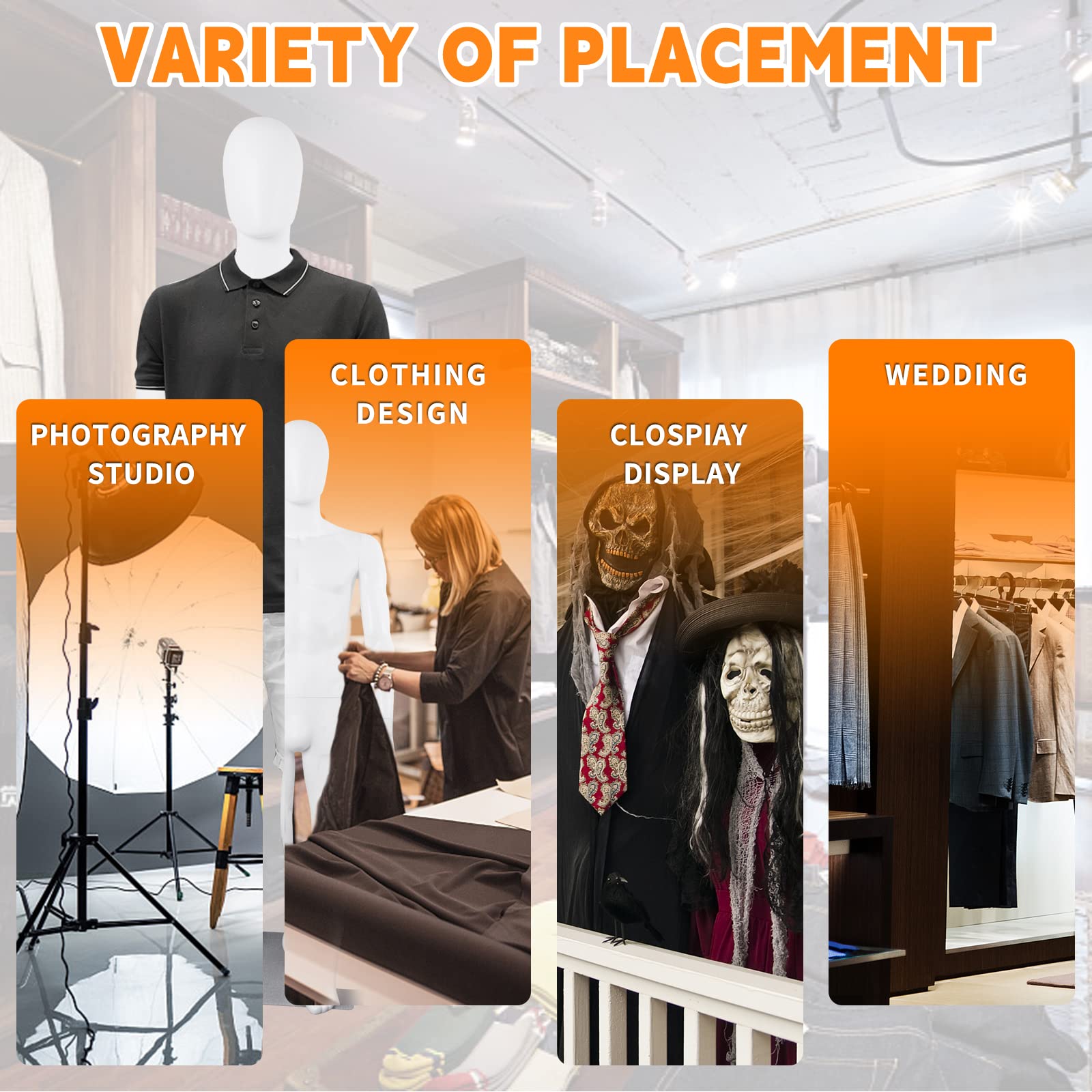 Male Mannequin Full Body Maniquine Model Stand Adjustable 73 inch Faceless Plastic Detachable Manequins Stand Metal Base Metal Connector, White Matte
