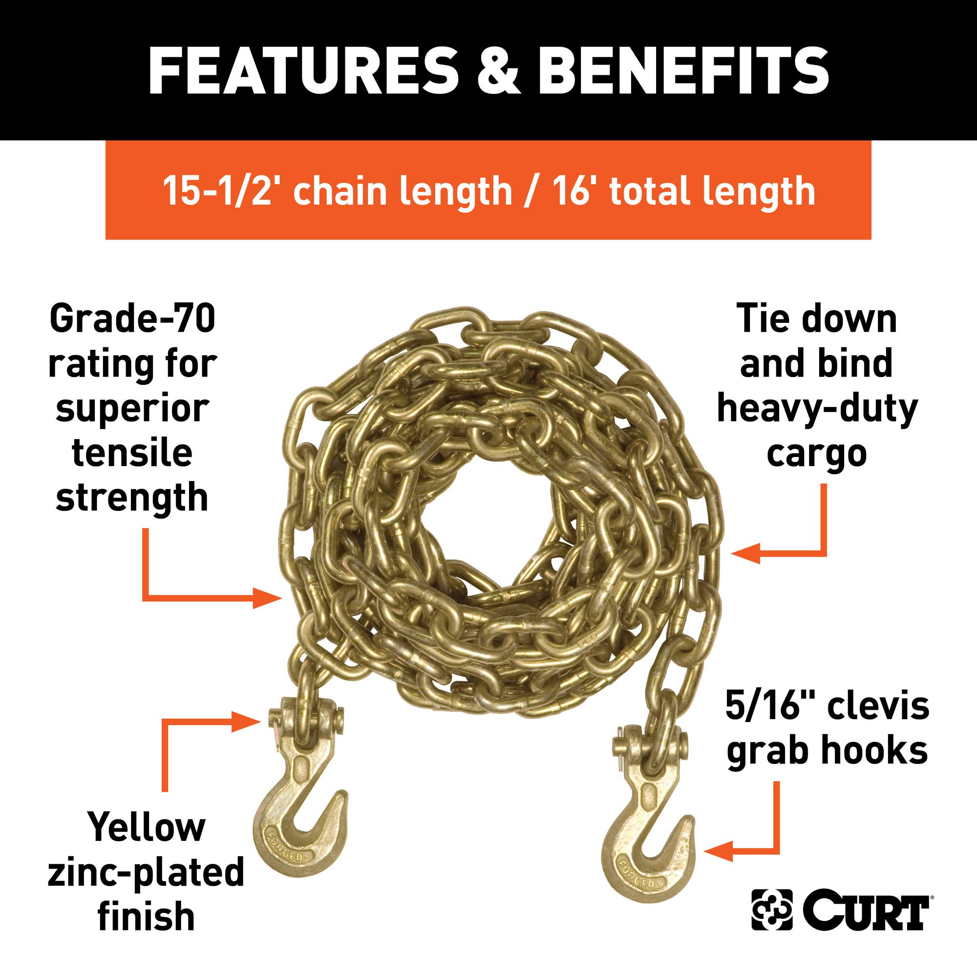 CURT 80306 16-Foot Transport Binder Chain, 5/16-Inch Clevis Hooks, 18,800 lbs Break Strength, Load Tie-Down, Trailer, Flatbed