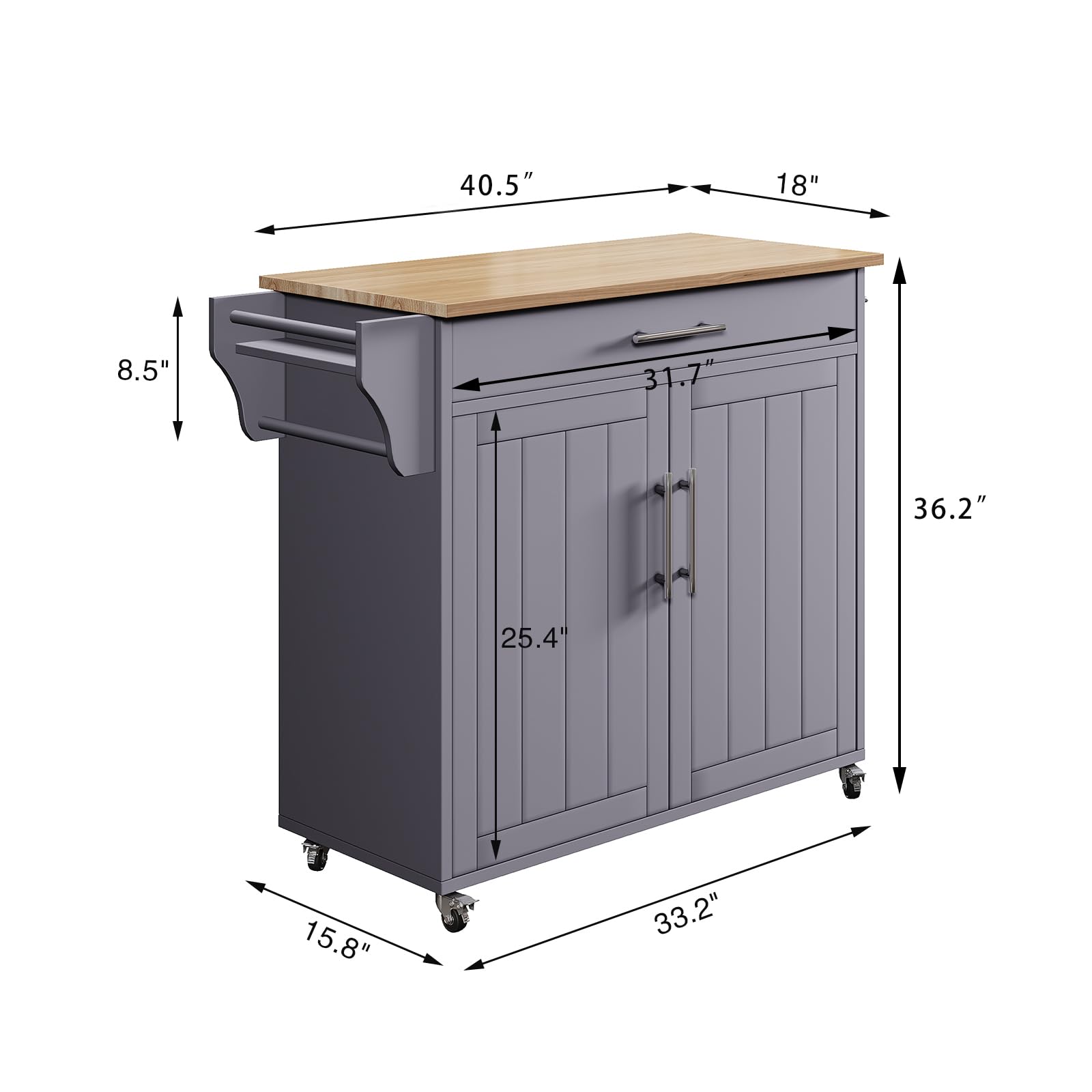 Pingliang Home 41" Kitchen Storage Island, Wooden Rolling Kitchen Island On Wheels with Countertop, Mobile Kitchen Island Cart with Towel Rack, Spice Rack and Drawers, Grey