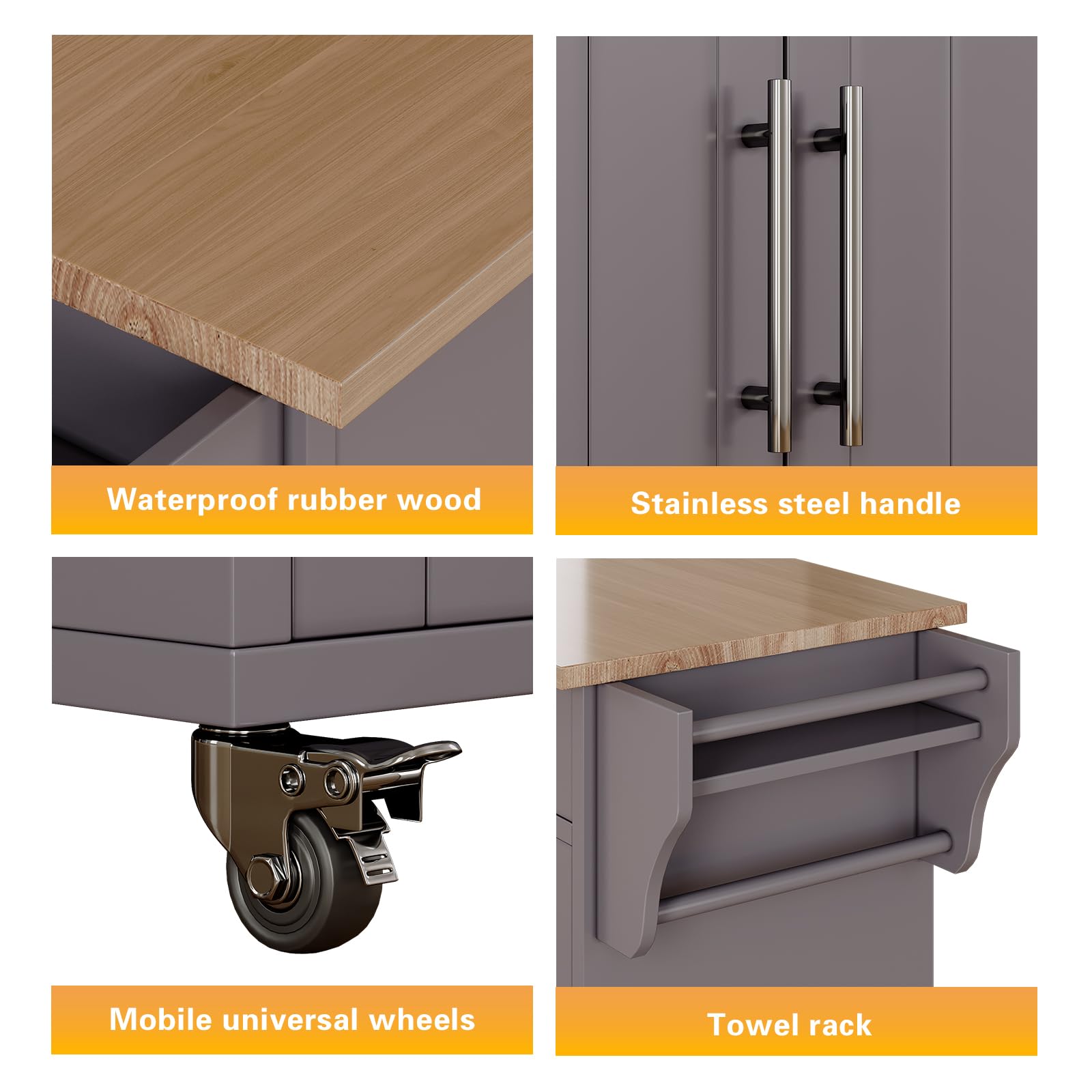 Pingliang Home 41" Kitchen Storage Island, Wooden Rolling Kitchen Island On Wheels with Countertop, Mobile Kitchen Island Cart with Towel Rack, Spice Rack and Drawers, Grey