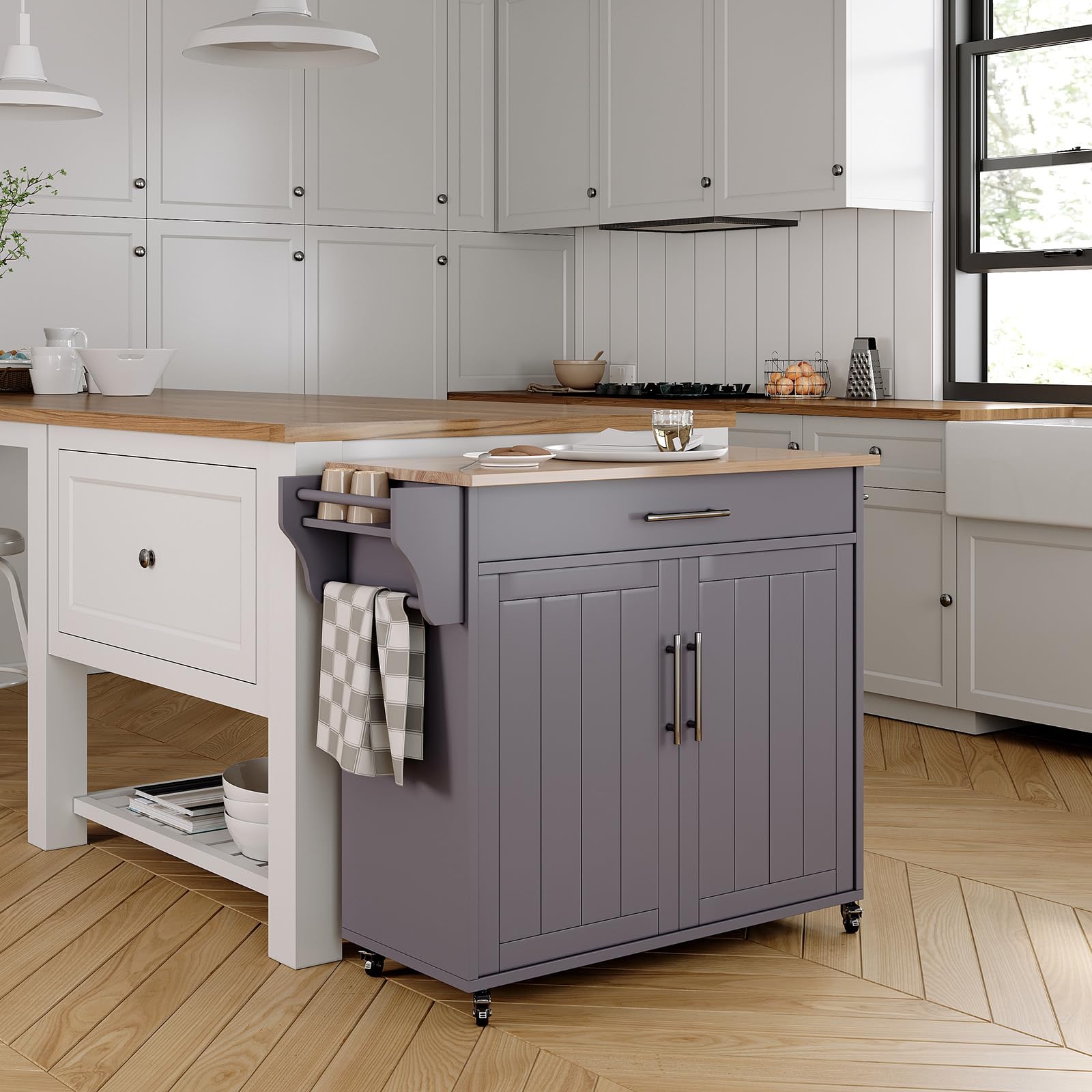 Pingliang Home 41" Kitchen Storage Island, Wooden Rolling Kitchen Island On Wheels with Countertop, Mobile Kitchen Island Cart with Towel Rack, Spice Rack and Drawers, Grey