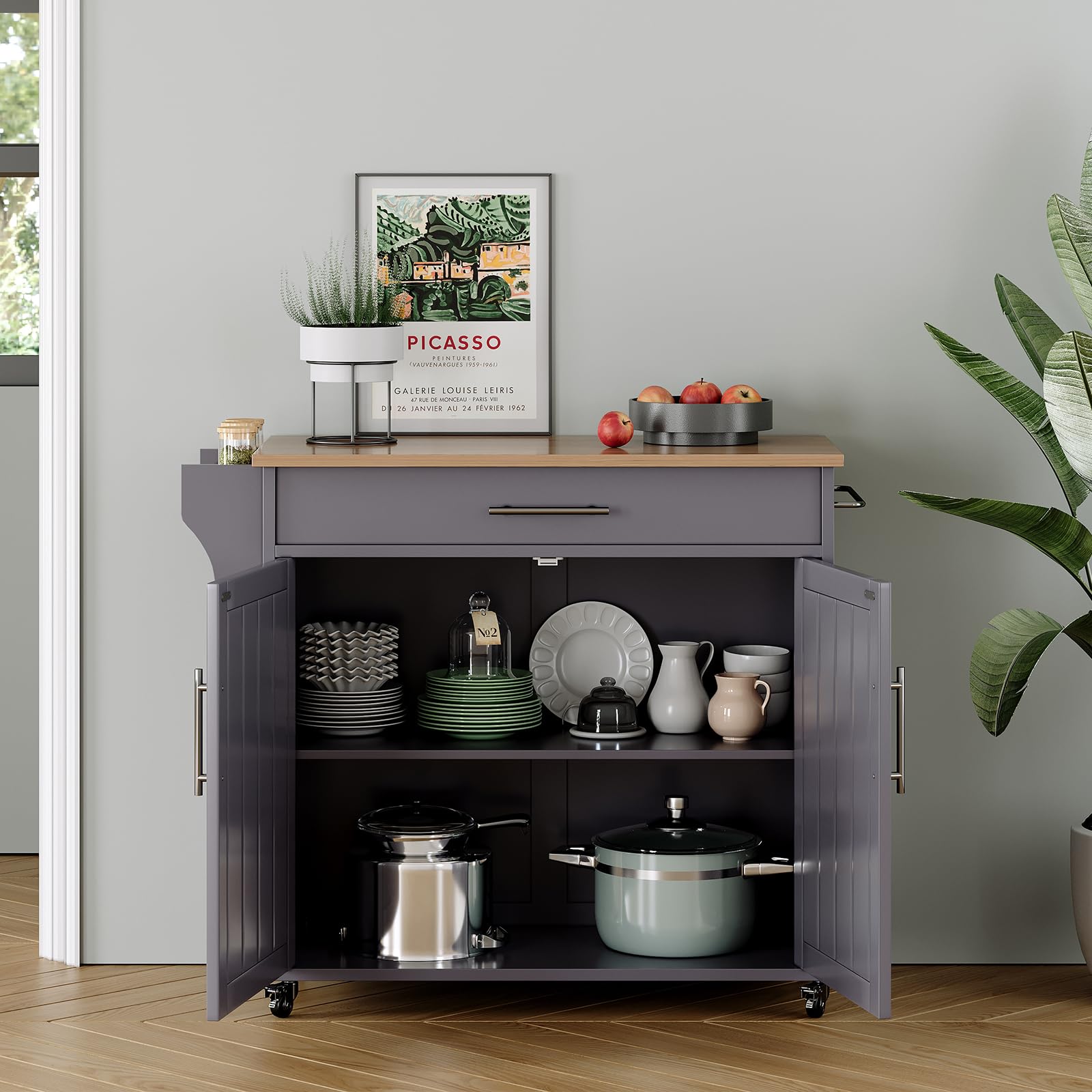Pingliang Home 41" Kitchen Storage Island, Wooden Rolling Kitchen Island On Wheels with Countertop, Mobile Kitchen Island Cart with Towel Rack, Spice Rack and Drawers, Grey