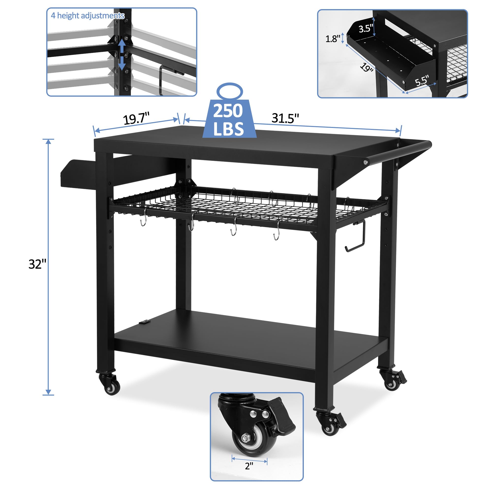 Spurgehom Grill Cart, Pizza Oven Stand Table with Wheels Dining Cart Table for Outside Patio, Outdoor Movable Kitchen Cooking Prep Table BBQ Cart with Mesh Racks for Home Party, Bar, Camping