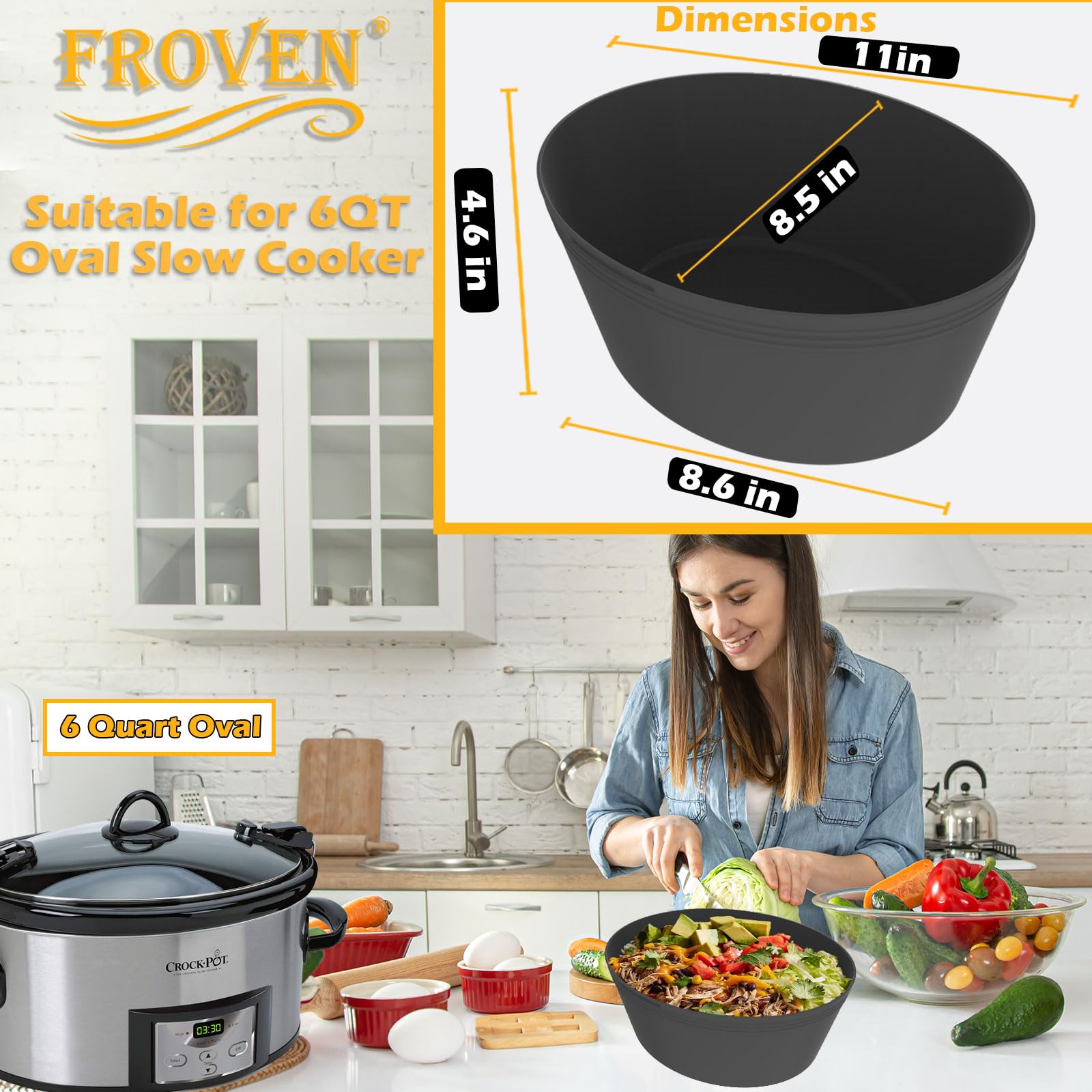 FROVEN 6 Quart Silicone Crockpot Liners. Thickened, Weighted and Sturdy Reusable Slow Cooker Liners Oval Compatible with most 6 QT Crock Pot Liners Slow Cooker Accessories. Leakproof, Dishwasher Safe