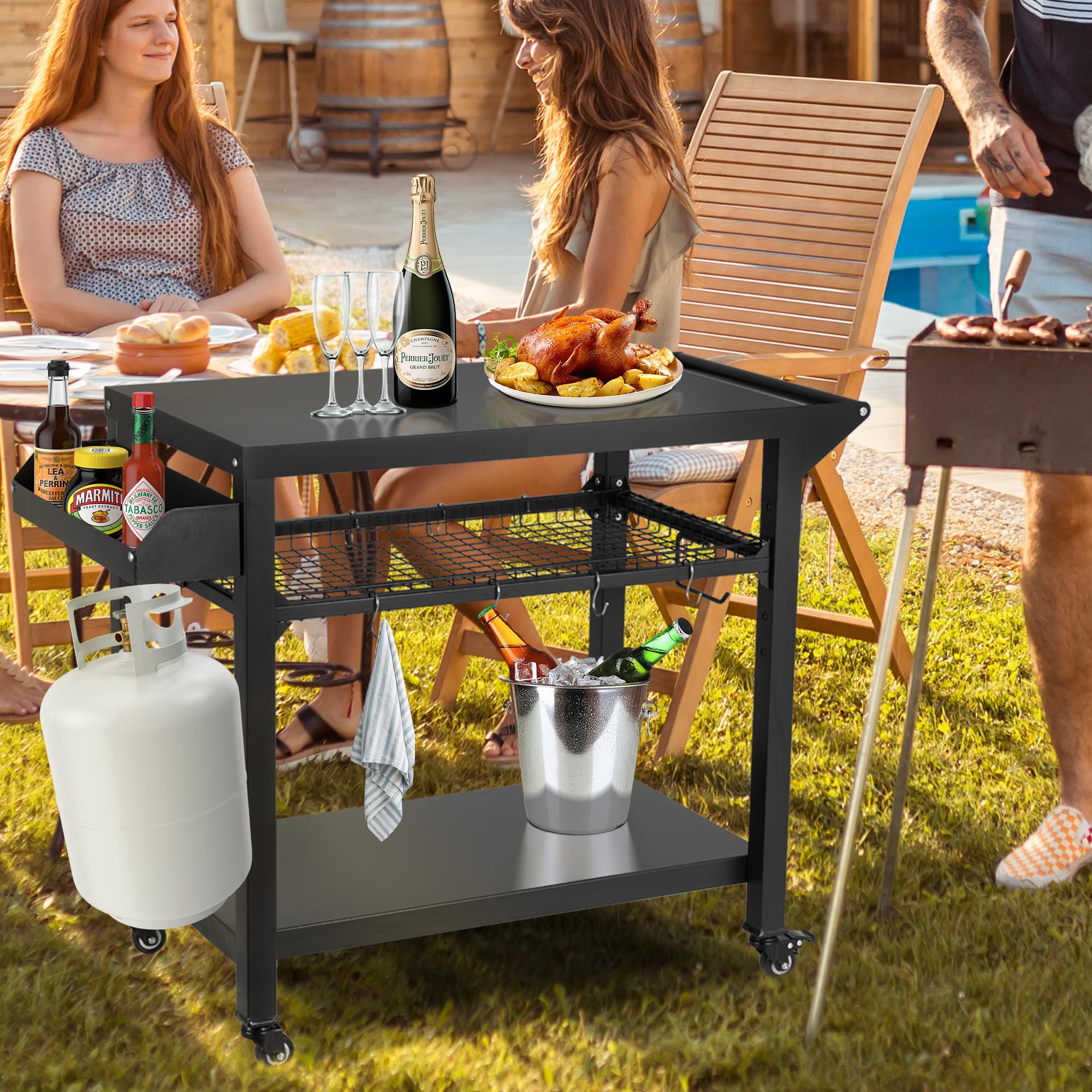 Spurgehom Grill Cart, Pizza Oven Stand Table with Wheels Dining Cart Table for Outside Patio, Outdoor Movable Kitchen Cooking Prep Table BBQ Cart with Mesh Racks for Home Party, Bar, Camping