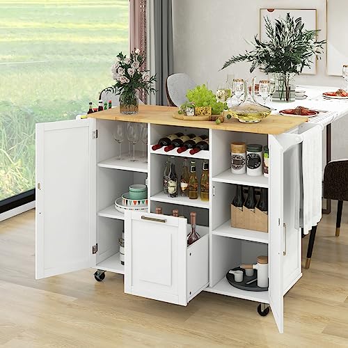 Giantex Mobile Kitchen Island with Drop Leaf, Rolling Island Table with Rubber Wood Top, Storage Cabinets, Deep Drawer, Wine Bottle Rack, Spice Rack, Serving Cart for Dining Room Bar (White)