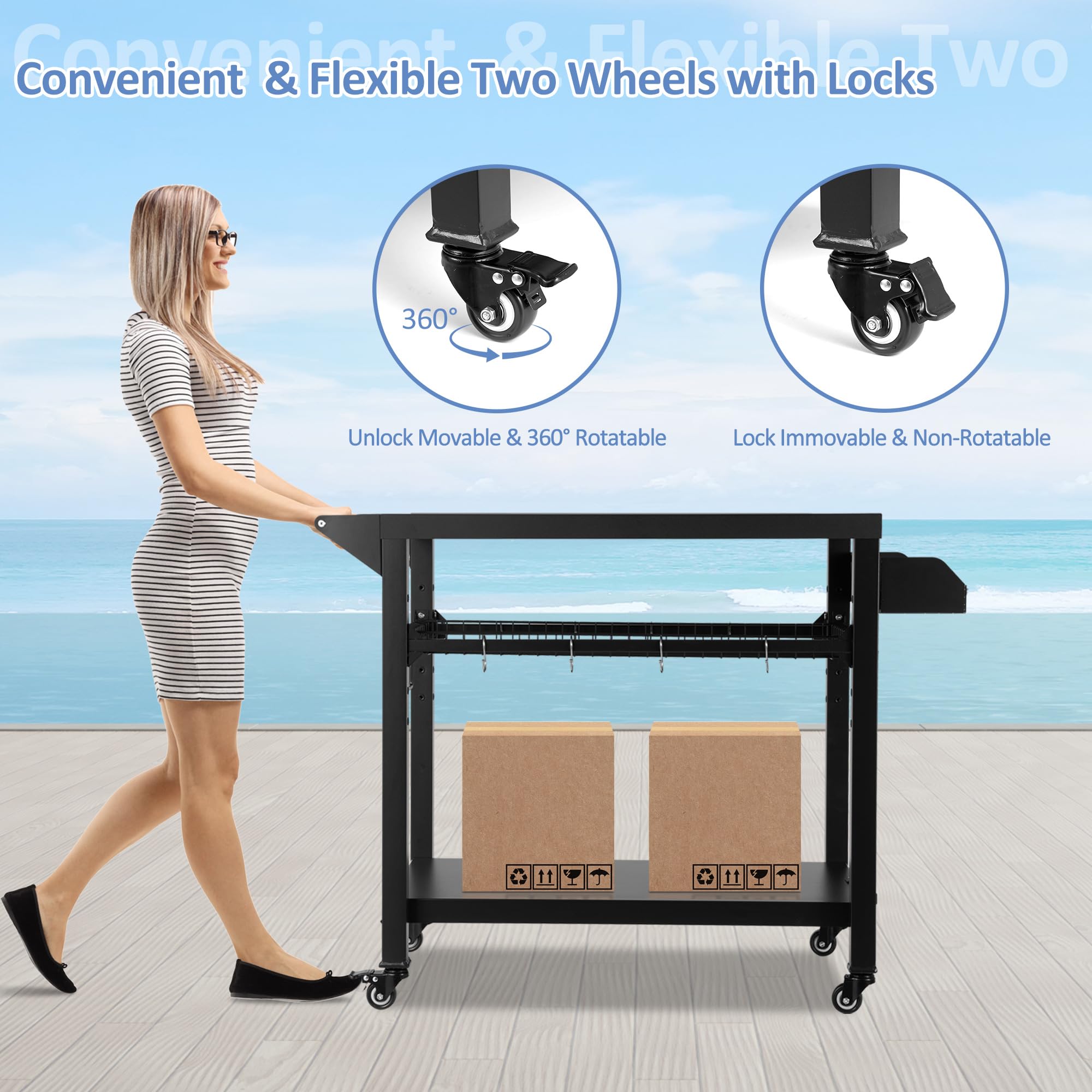 Spurgehom Grill Cart, Pizza Oven Stand Table with Wheels Dining Cart Table for Outside Patio, Outdoor Movable Kitchen Cooking Prep Table BBQ Cart with Mesh Racks for Home Party, Bar, Camping