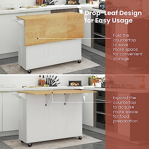 Giantex Mobile Kitchen Island with Drop Leaf, Rolling Island Table with Rubber Wood Top, Storage Cabinets, Deep Drawer, Wine Bottle Rack, Spice Rack, Serving Cart for Dining Room Bar (White)