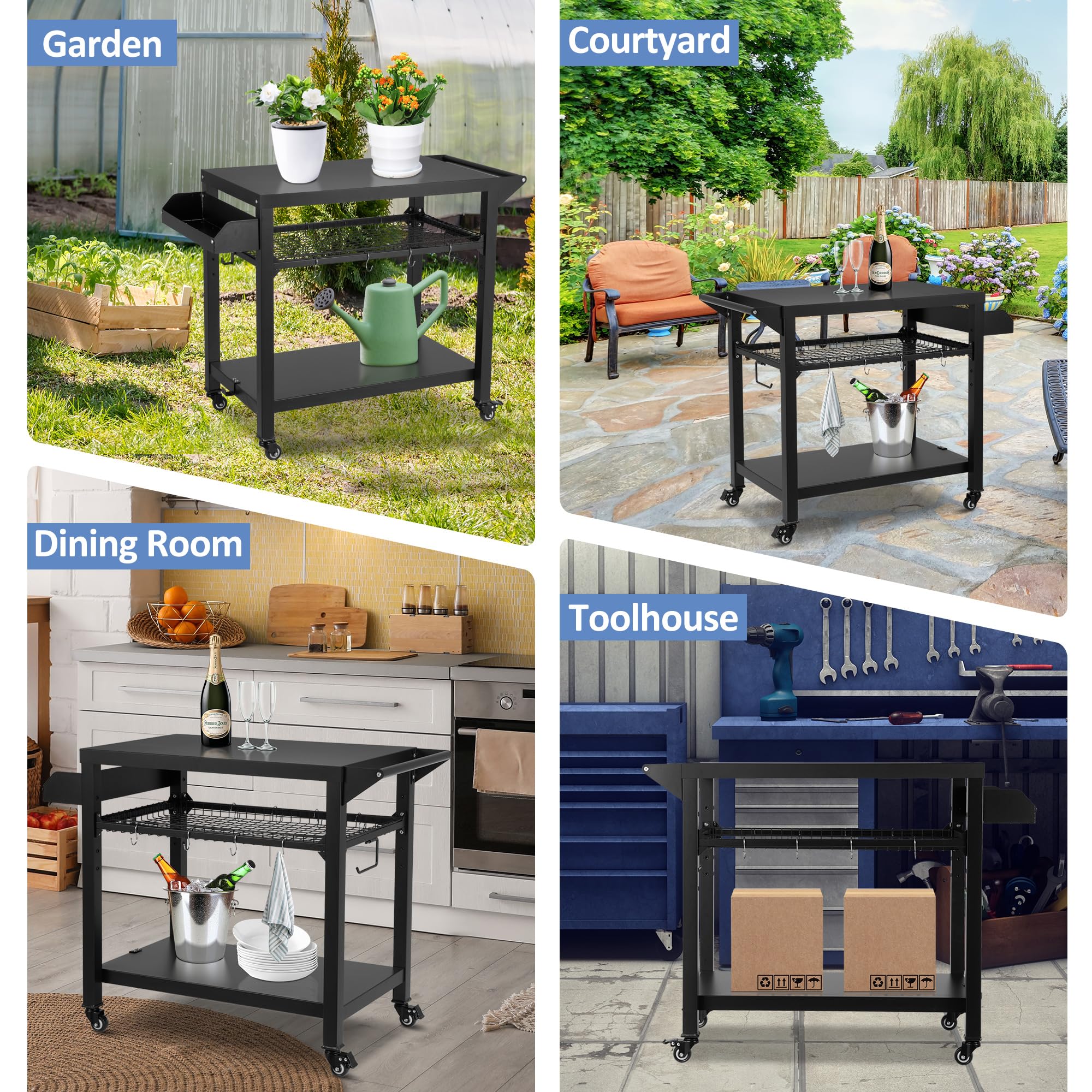 Spurgehom Grill Cart, Pizza Oven Stand Table with Wheels Dining Cart Table for Outside Patio, Outdoor Movable Kitchen Cooking Prep Table BBQ Cart with Mesh Racks for Home Party, Bar, Camping