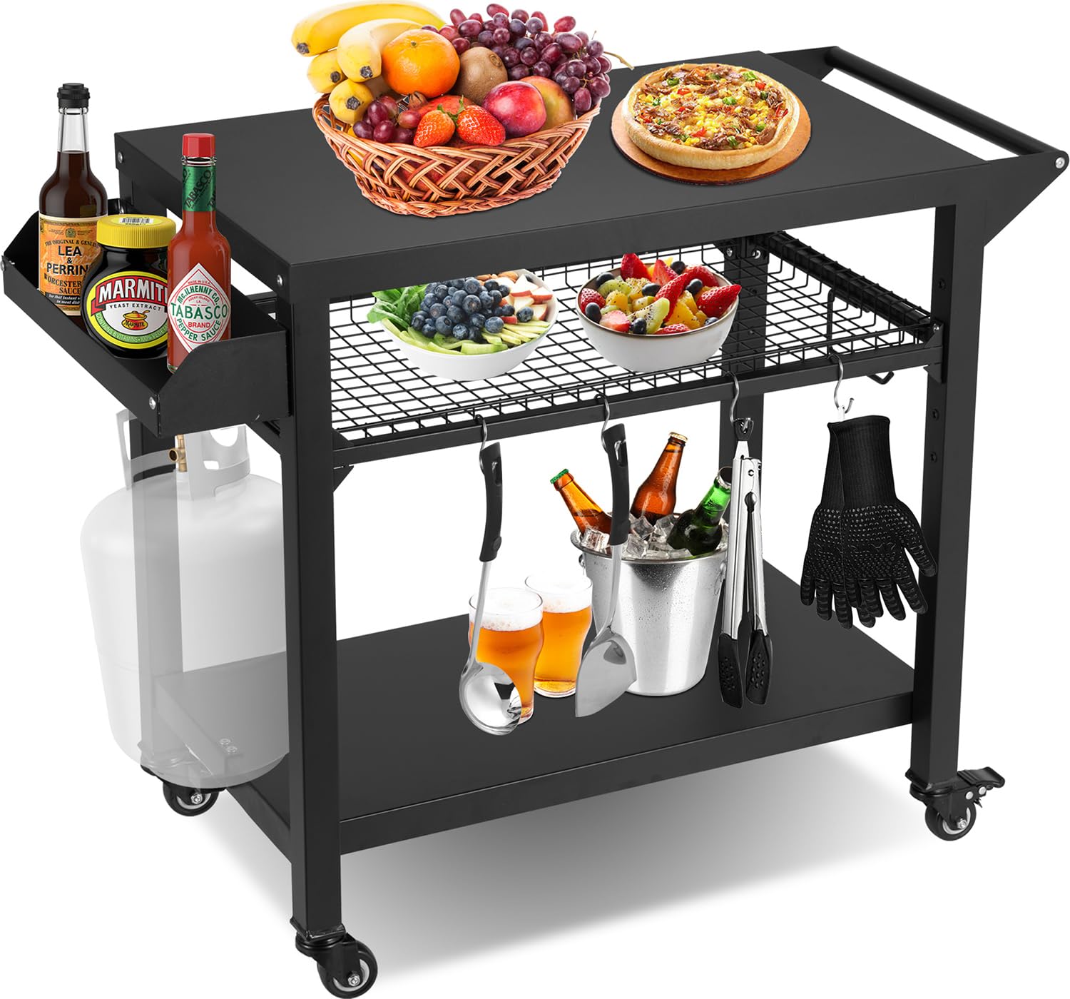 Spurgehom Grill Cart, Pizza Oven Stand Table with Wheels Dining Cart Table for Outside Patio, Outdoor Movable Kitchen Cooking Prep Table BBQ Cart with Mesh Racks for Home Party, Bar, Camping