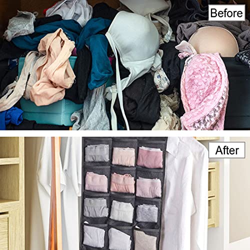 Evealyn Hanging Organizer Underwear Storage Bag 2 Packs, with Mesh Pockets,Rotating Metal Hanger Double Side Socks Underwear Storage Bag 24 Pocket (Gray)