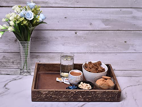 STORE INDYA Hand Carved Wooden Breakfast Serving Tray with Handle for Breakfast Tea Snack Dessert | Kitchen Dining Serve-Ware Accessories | 15 x 10 Inches