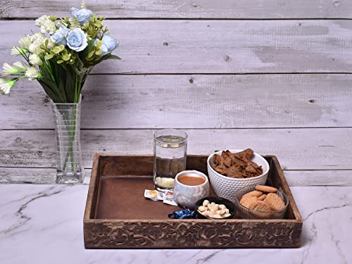 STORE INDYA Hand Carved Wooden Breakfast Serving Tray with Handle for Breakfast Tea Snack Dessert | Kitchen Dining Serve-Ware Accessories | 15 x 10 Inches