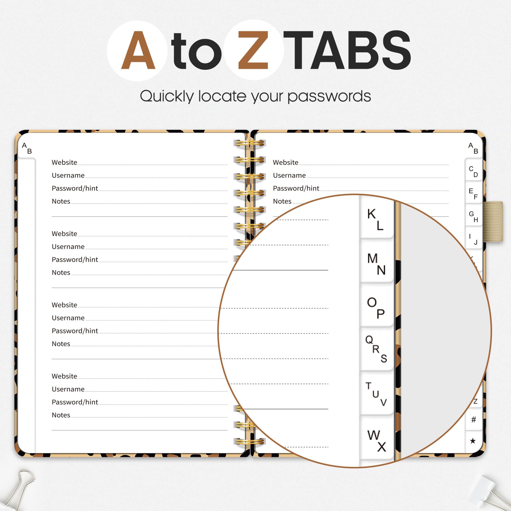 Password Book with Alphabetical Tabs, 5.5" x 6.7" Spiral Password Book, Small Password Books for Seniors, Password Keeper Book to Help You Stay Organized - Leopard