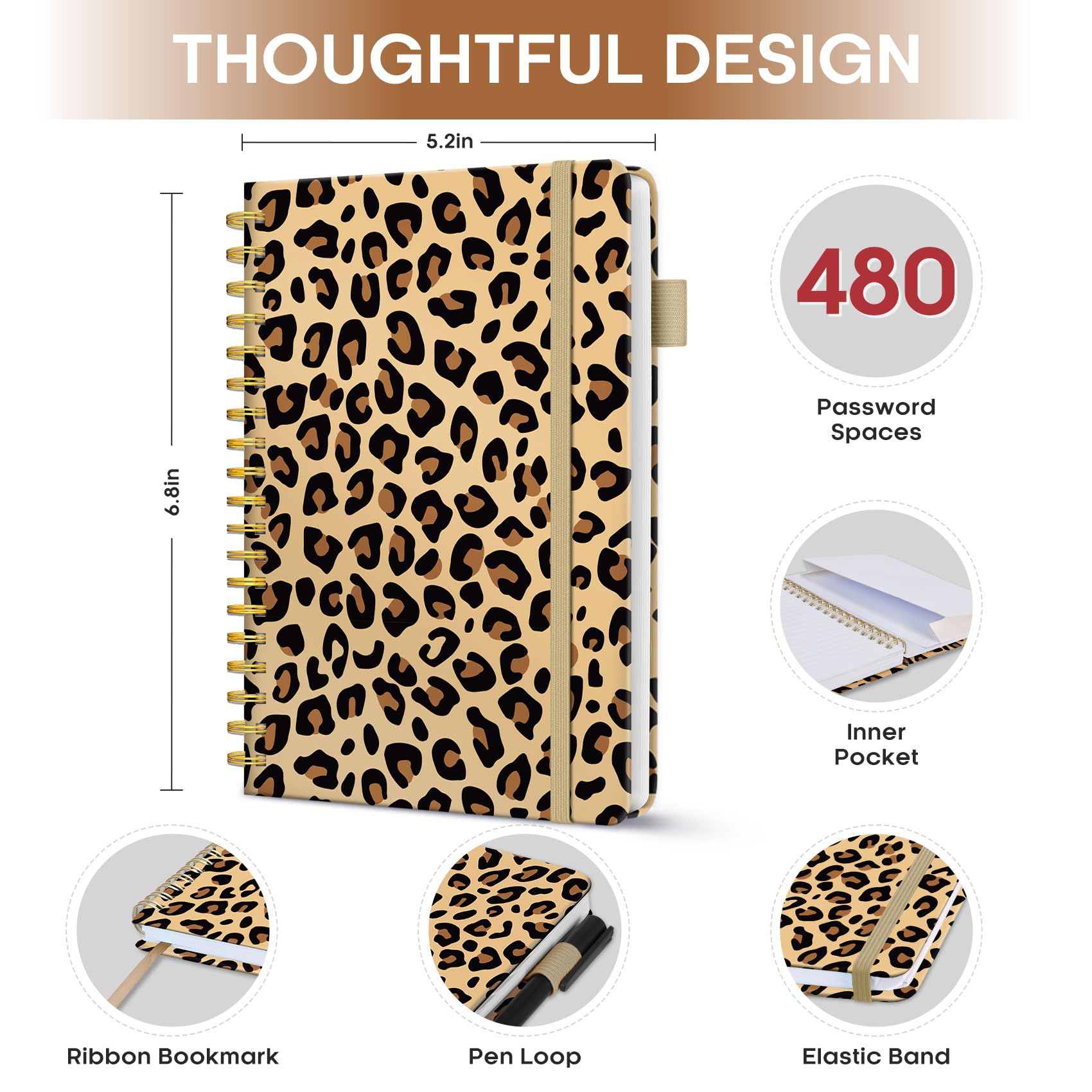 Password Book with Alphabetical Tabs, 5.5" x 6.7" Spiral Password Book, Small Password Books for Seniors, Password Keeper Book to Help You Stay Organized - Leopard