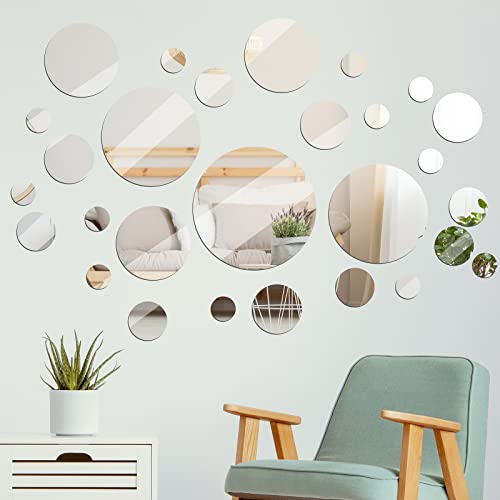 28 Pcs Real Glass Round Mirror Tiles Frameless Round Wall Mirrors Glass Mirror Tiles Round Wall-Mount Mirrors with Acrylic Double Sided Adhesive for Bedroom Bathroom Craft Decor (2/3/4/6/8/10 Inches)