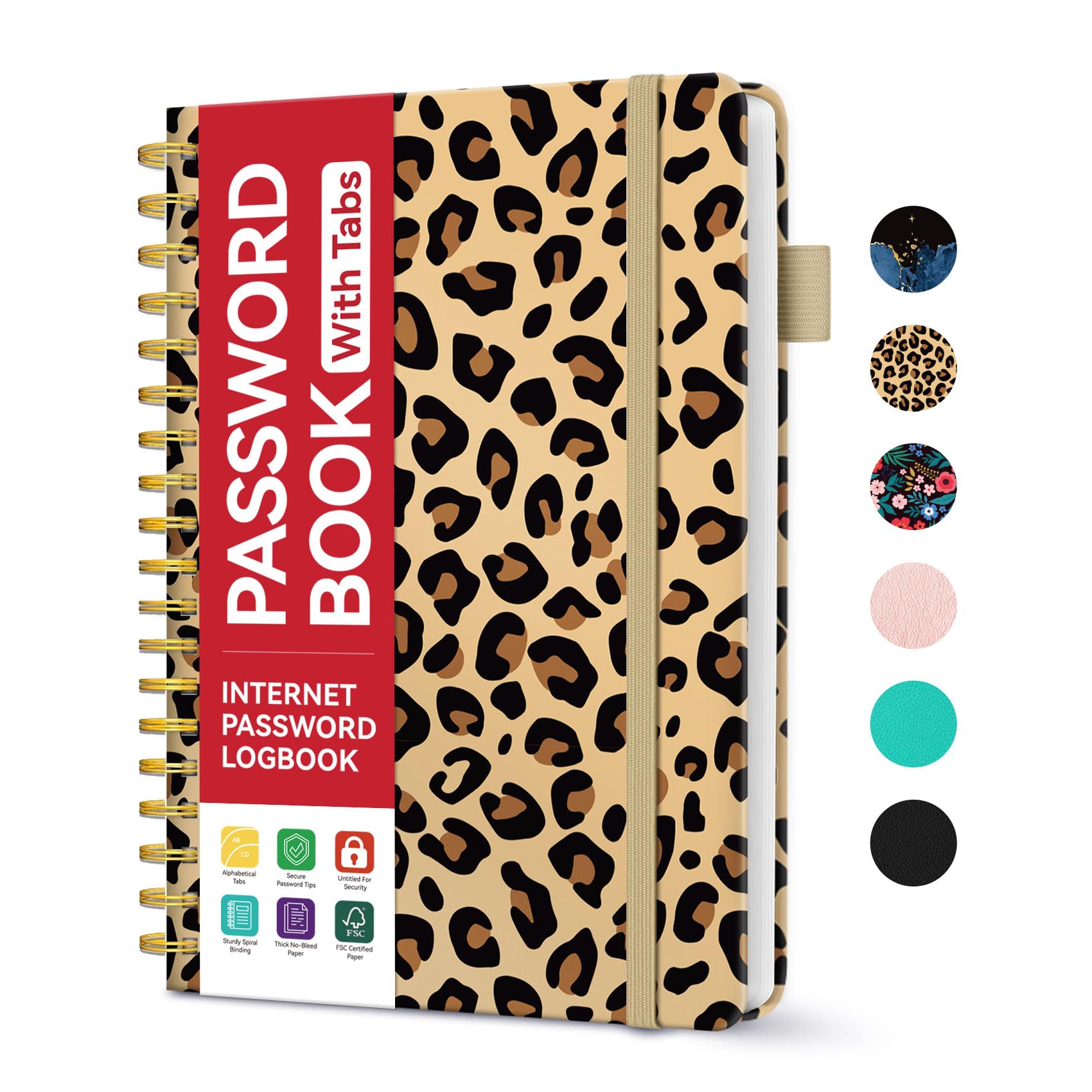 Password Book with Alphabetical Tabs, 5.5" x 6.7" Spiral Password Book, Small Password Books for Seniors, Password Keeper Book to Help You Stay Organized - Leopard