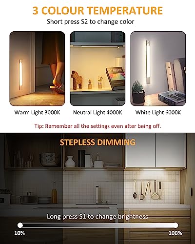 DUSKTEC Motion Sensor Light Indoor Under Cabinet Lighting Wireless 3 Color Dimmable Rechargeable Detachable Battery Operated Magnetic Closet Lights for Kitchen Counter Wardrobe Stairway