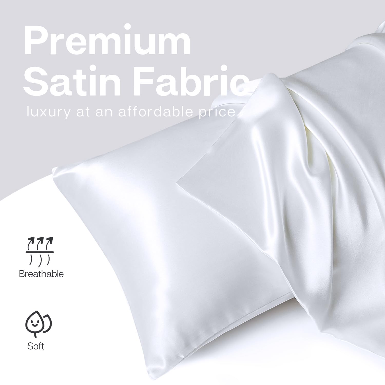 MR&HM Satin Pillowcase for Hair and Skin, Silk Satin Pillowcase 2 Pack, Queen Size Pillow Cases Set of 2, Silky Pillow Cover with Envelope Closure (20x30, White)
