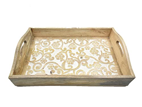 Hand Carved Wooden Breakfast Serving Tray with Handle for Breakfast Tea Snack Dessert | Kitchen Dining Serve-Ware Accessories | 15 x 10 Inches | 2048