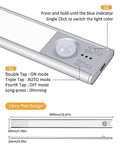 DUSKTEC Motion Sensor Light Indoor Under Cabinet Lighting Wireless 3 Color Dimmable Rechargeable Detachable Battery Operated Magnetic Closet Lights for Kitchen Counter Wardrobe Stairway